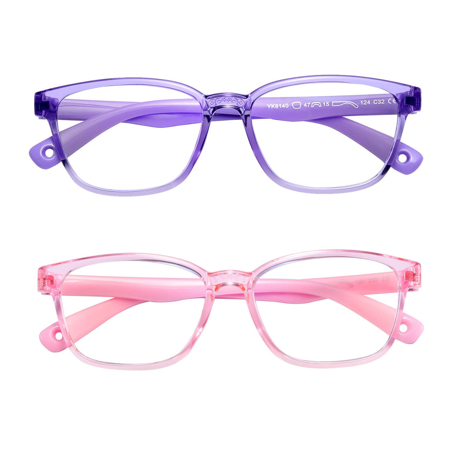 AHXLL Kids Blue Light Blocking Glasses 2 Pack, Anti Eyestrain & UV Protection, Computer Gaming TV Phone Glasses for Boys Girls Age 3-9 (Transparent Purple+ Transparent Pink)