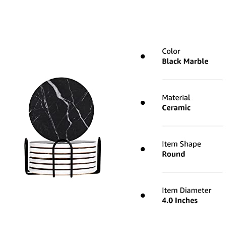 Drink Coasters with Holder Absorbent Ceramic Coasters Set of 6 Black Marble Style, 4 Inches Suitable for Kinds of Cups and Outdoor Picnic