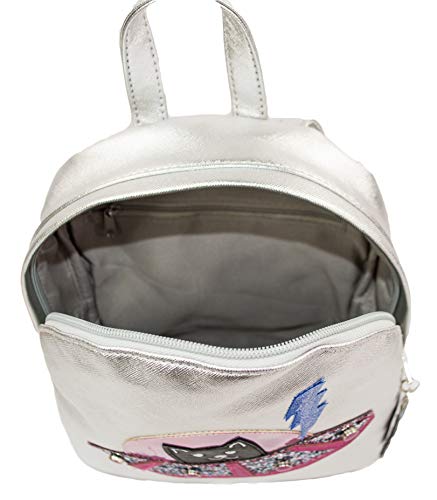 Rising Phoenix Industries Faux Leather Metallic Silver Backpack Purse Bag with Fun Kitty Cat in Spaceship Design for Women (Silver)
