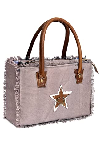 Ruzioon Upcycled Canvas Hand Bag, Upcycled Canvas & Cowhide Leather Tote Bag, Canvas Tote Bag for Women, Radiant Canvas Shoulder Bag