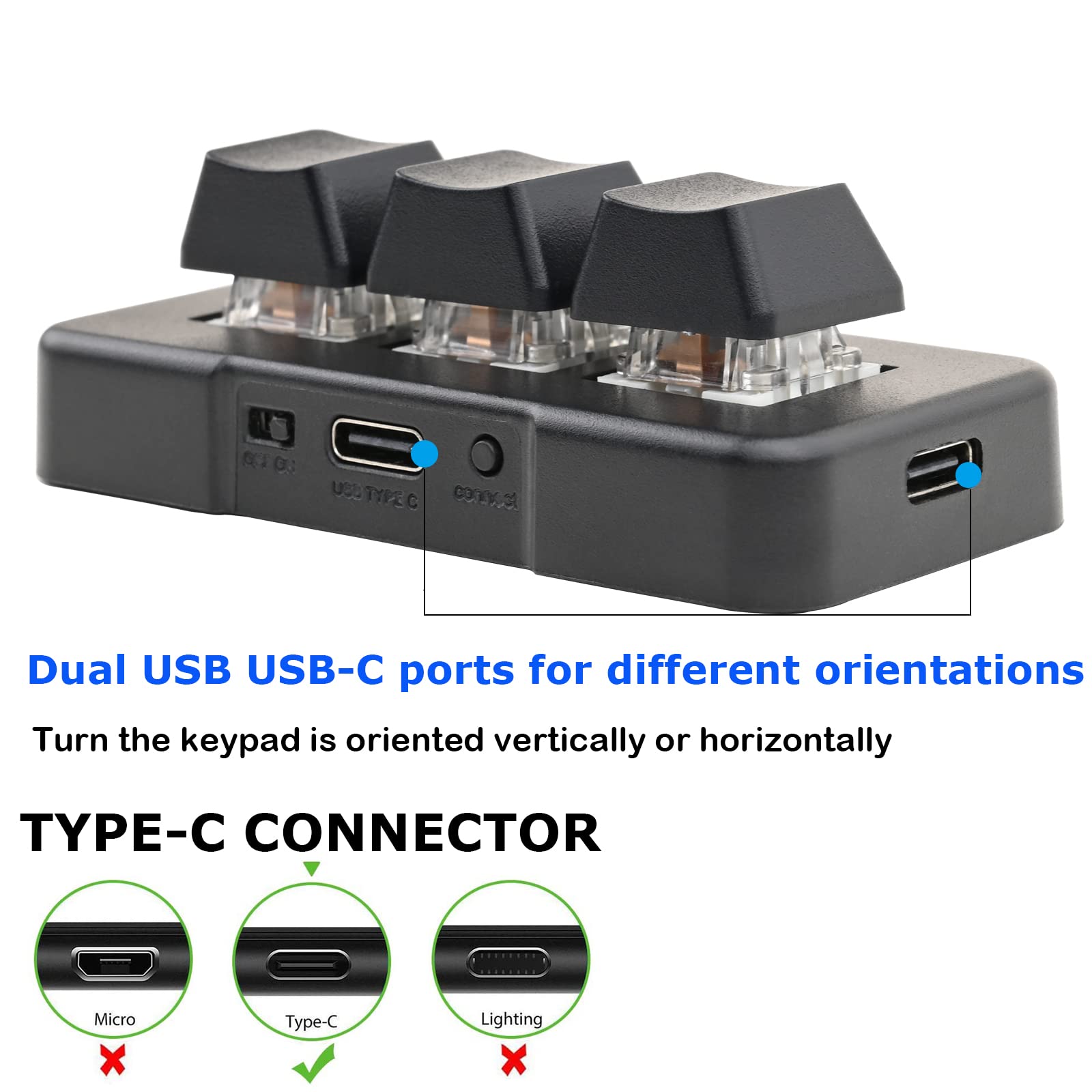 iKKEGOL Mini USB Type C Wired 3 Key Mechanical Keypad 9 Keys Fully Progammable Macro Gaming Keyboard,One- Handed Control RGB Light HID Pad (Black)