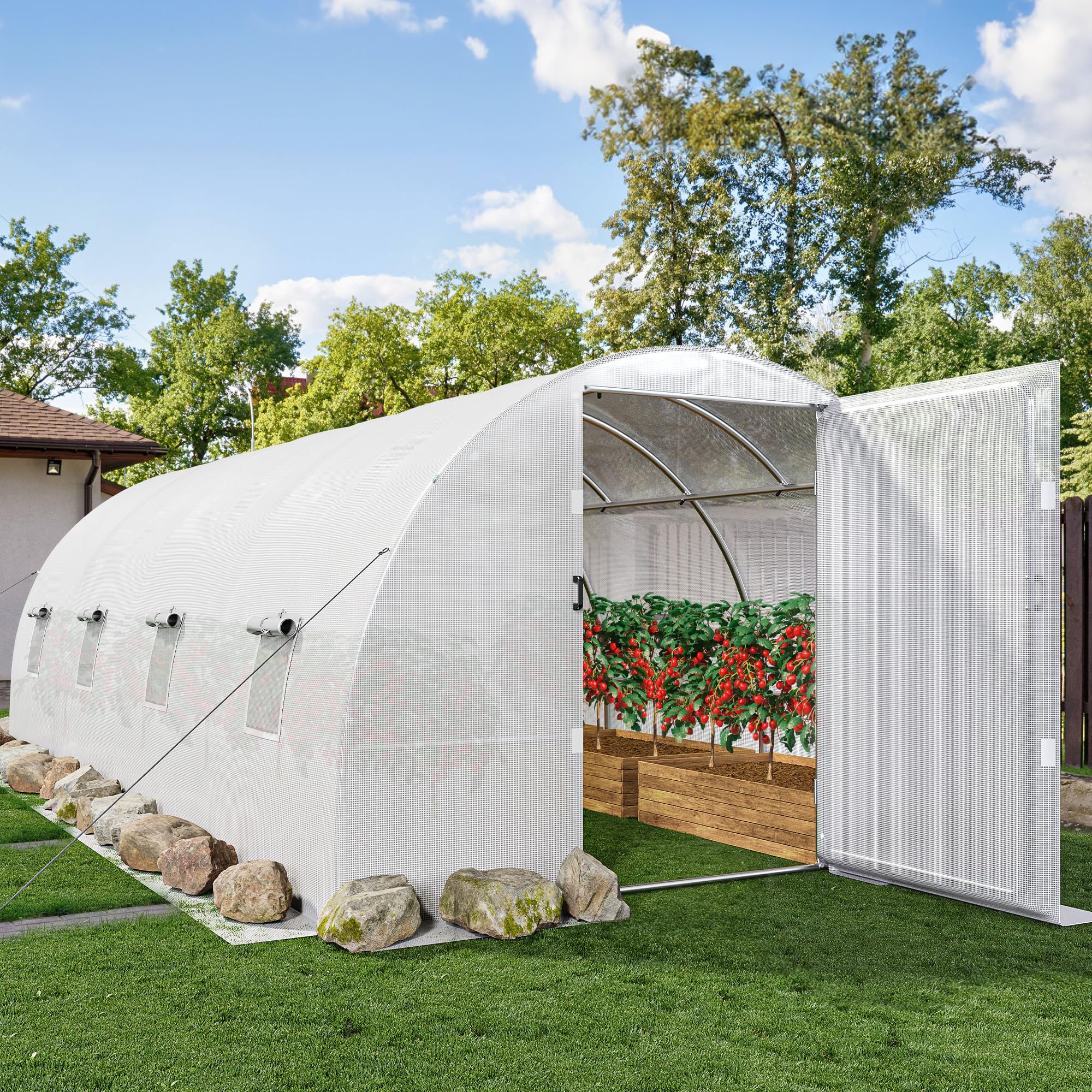 YITAHOME 20x10x7ft Greenhouse Extra Large Heavy Duty Large 2 Swing Doors Walk-in Greenhouses Tunnel Green Houses Outdoor 8 Windows Gardening Upgraded Galvanized Steel Garden, White