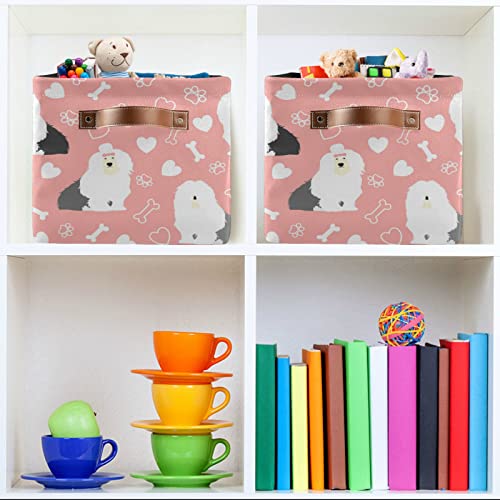 susiyo Pink Old English Sheepdog Open Storage Bins 1 Pack, Large Canvas Storage Baskets with PU Handles Collapsible Storage Box Organizers for Home Closet Nursery Toys Dorm Office Laundry