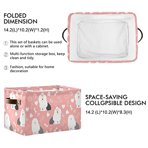 susiyo Pink Old English Sheepdog Open Storage Bins 1 Pack, Large Canvas Storage Baskets with PU Handles Collapsible Storage Box Organizers for Home Closet Nursery Toys Dorm Office Laundry