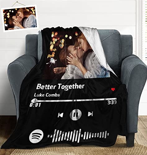 Personalized Spotify Code Music Blanket,Customized Blankets with Photos for Couples Lover, Custom Flannel Blankets Using Photos of Family, Friends, Dog, Cat Or Pet, Birthday Valentines Gifts