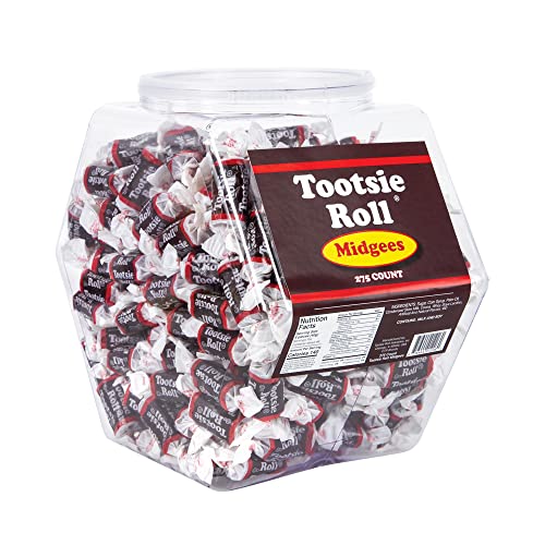 Tootsie Rolls Candy Bulk 275pcs - Mini Individually Wrapped Tootsie Roll Midgees in Reusable Plastic Tub - Candy Pack of Chocolate Taffy Chews