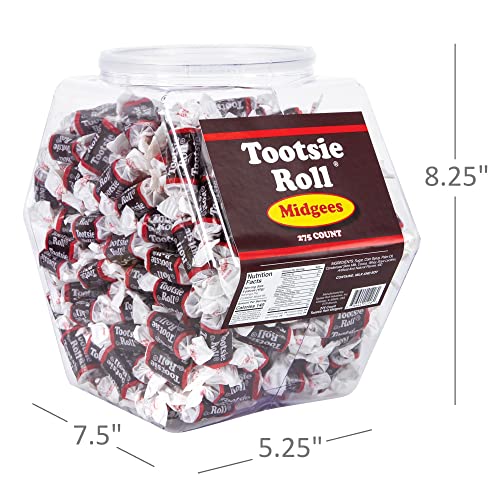 Tootsie Rolls Candy Bulk 275pcs - Mini Individually Wrapped Tootsie Roll Midgees in Reusable Plastic Tub - Candy Pack of Chocolate Taffy Chews