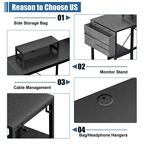 Lulive L Shaped Desk, 95" Reversible Corner Computer Desk with Shelves, Monitor Stand, Storage Bag, Hooks, 2 Person Long Desk for Home Office Writing Study Workstation (Black)