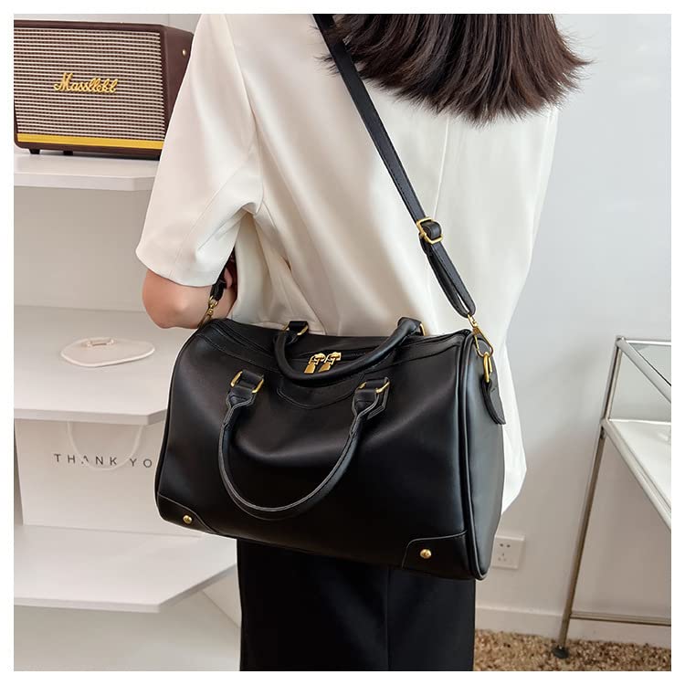 HANDAFA Boston Bag Zip Tote Handbag Vintage Shoulder Handbag With Adjustable Strap For Women(Black)