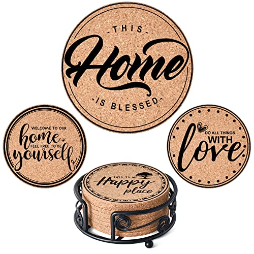 Natural Coasters for Drinks Absorbent Cork Coasters with Holder Set of 8, Thick Coaster for Drink, Cups, Mugs, Gift for Friends, New Home, Housewarming Gifts, Living Room Decor, Apartment Decor