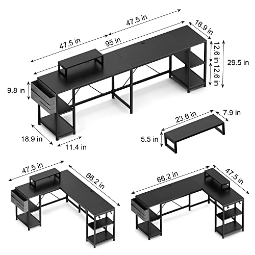 Lulive L Shaped Desk, 95" Reversible Corner Computer Desk with Shelves, Monitor Stand, Storage Bag, Hooks, 2 Person Long Desk for Home Office Writing Study Workstation (Black)