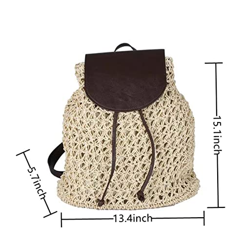 WIGUYUN Straw Crochet Backpack Purse Casual Beach Holiday Shoulders Bag Woven Flap Drawstring Daypack Beige