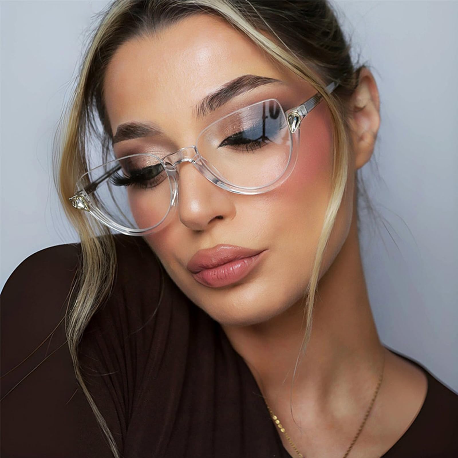 Zeelool Stylish Semi-rimless Cat Eye Glasses Frame for Women with Non-prescription Clear Lens Felicia VHP0189-01 Crystal