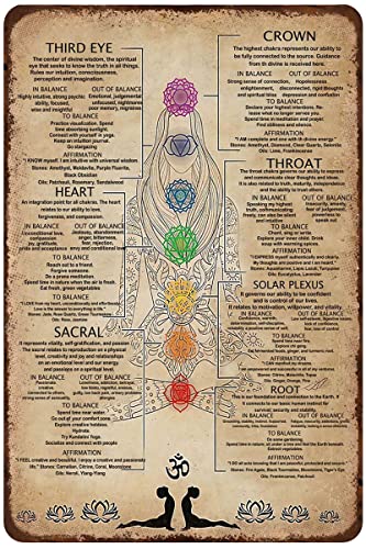 Mocozim Rustic Retro Metal Tin Sign 7 Chakras Knowledge Poster for Yoga Lover Vintage Wall Poster Plaque for Bathroom Restaurant Garage Family Bedroom Gift Wall Decoration 8x12 Inches