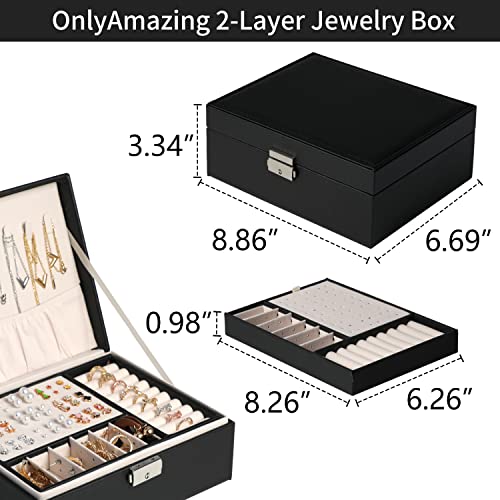 onlyamazing Black PU Leather Jewelry Box, Necklace Holder Organizer Double Layer Jewelry Display Storage Case with Lock
