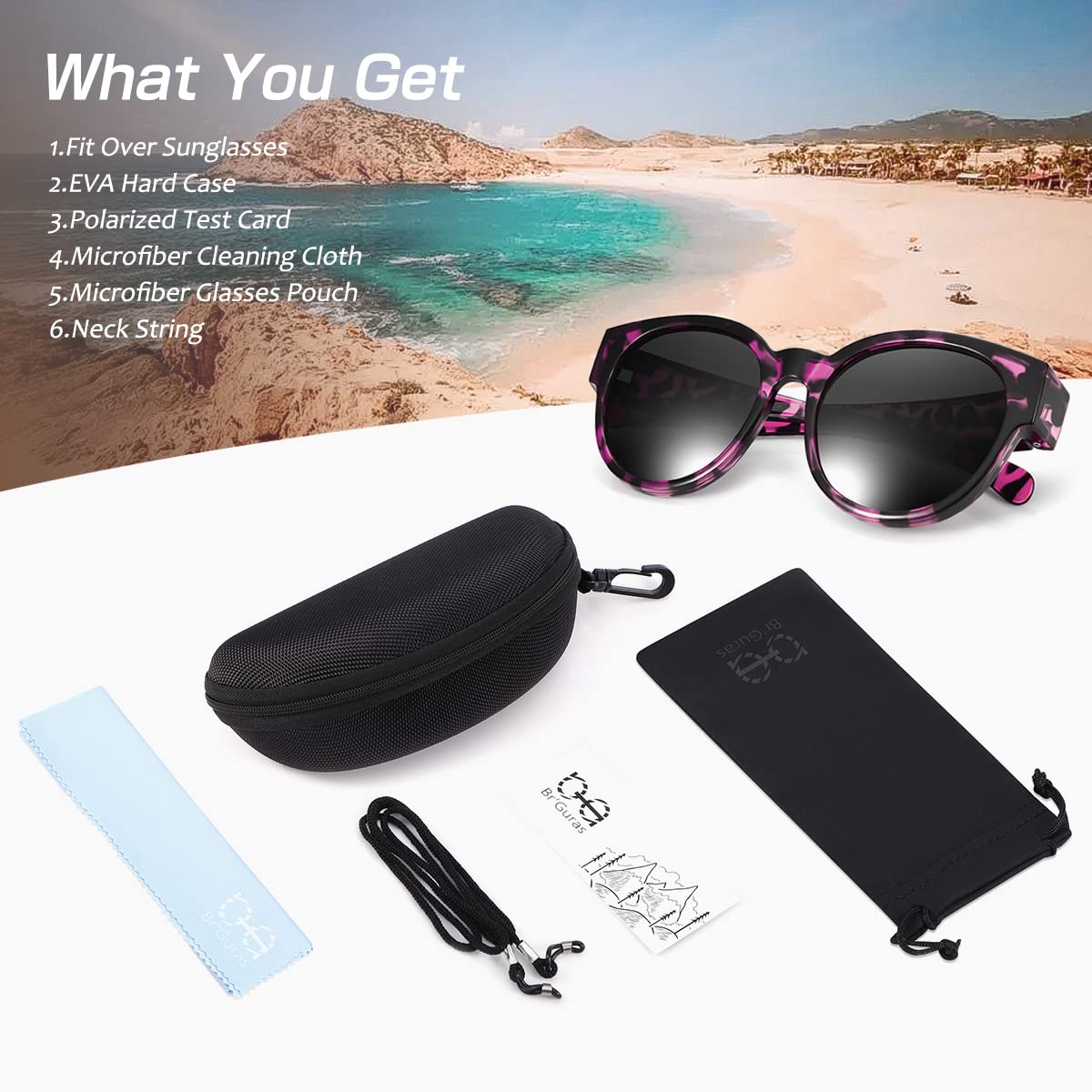Br’Guras Polarized Oversized Fit over Sunglasses Over Glasses with Cat Eye Frame for Women&Men (Purple leopard, Black)