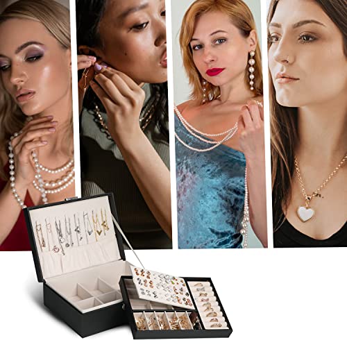 onlyamazing Black PU Leather Jewelry Box, Necklace Holder Organizer Double Layer Jewelry Display Storage Case with Lock
