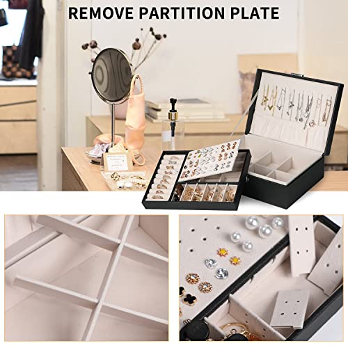 onlyamazing Black PU Leather Jewelry Box, Necklace Holder Organizer Double Layer Jewelry Display Storage Case with Lock
