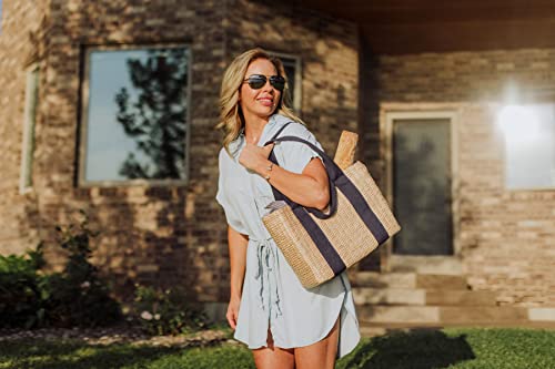 PICNIC TIME - Parisian Picnic Basket - Seagrass Picnic Basket, (Beige with Navy Blue Accents)