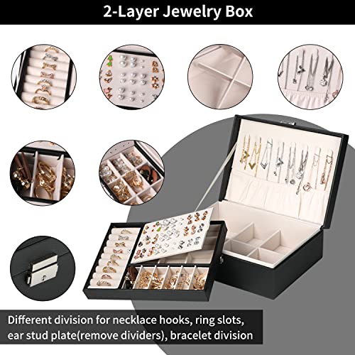 onlyamazing Black PU Leather Jewelry Box, Necklace Holder Organizer Double Layer Jewelry Display Storage Case with Lock