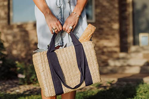 PICNIC TIME - Parisian Picnic Basket - Seagrass Picnic Basket, (Beige with Navy Blue Accents)