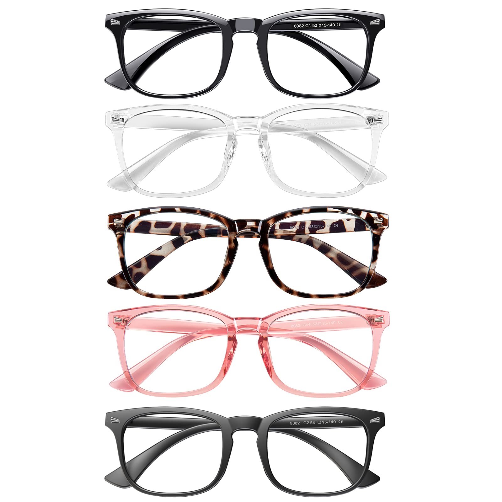BOSSWIN - 5Pack Blue Light Blocking Glasses Square Nerd Eyeglasses Frame for Men and Women, Anti Eyestrain Reading Computer Gaming Glasses Non Prescription