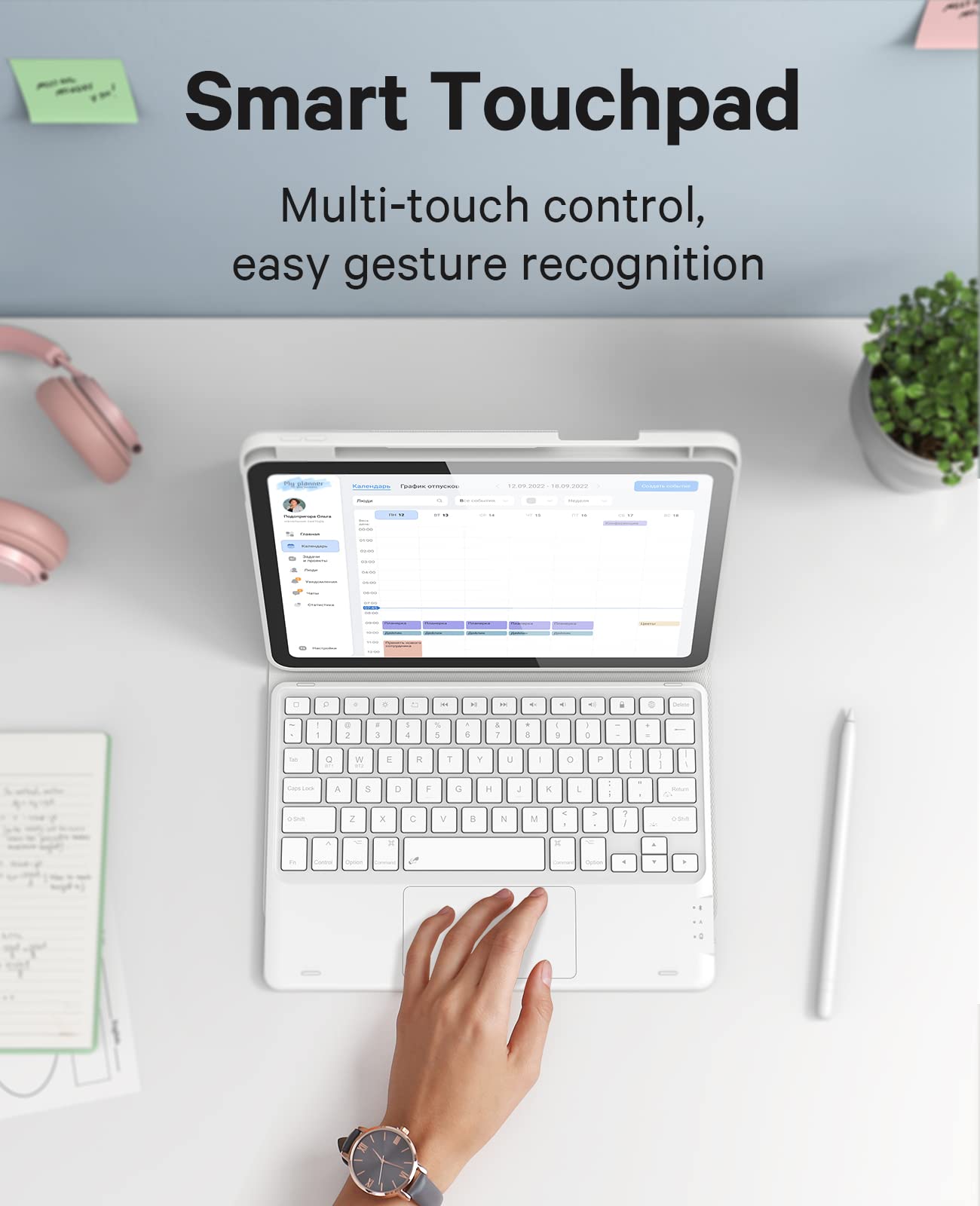 GreenLaw for iPad 10th Generation Case with Keyboard, Stain-Resistant Surface, Dual-Device Connection, 7 Color Backlit, Detachable Wireless Keyboard for iPad 10th Gen. 10.9" 2022, White Smoke