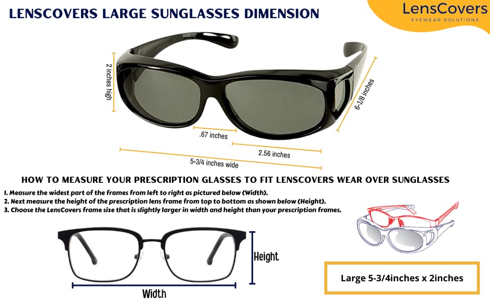 LensCovers Large Polarized Wraparound Sunglasses | Wear Over Sunglasses to Cover Eyeglasses or Prescription Glasses | Black Frame with Reflective; Fitover for Glasses Up to 5 3/4'' X 2''