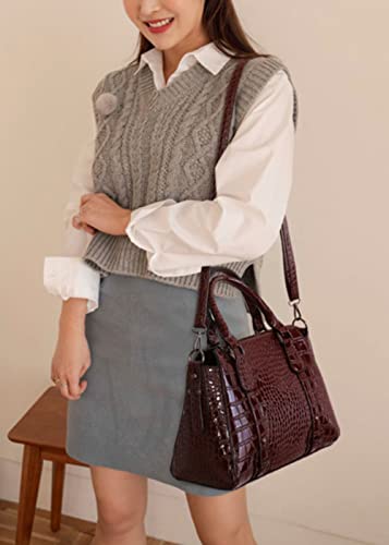 GJGJTER Women Patent Leather Bucket Bag Embossed Shoulder Handbag Crossbody Purse-Dark Brown