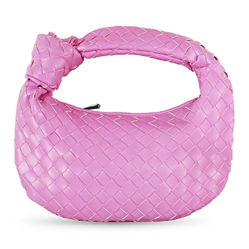 QWERTYUI Women Handbag Retro Knoted Tote Bag Soft Leather Shoulder Bag Fashion Handmade Bag Lightweight Clutch,Rose red