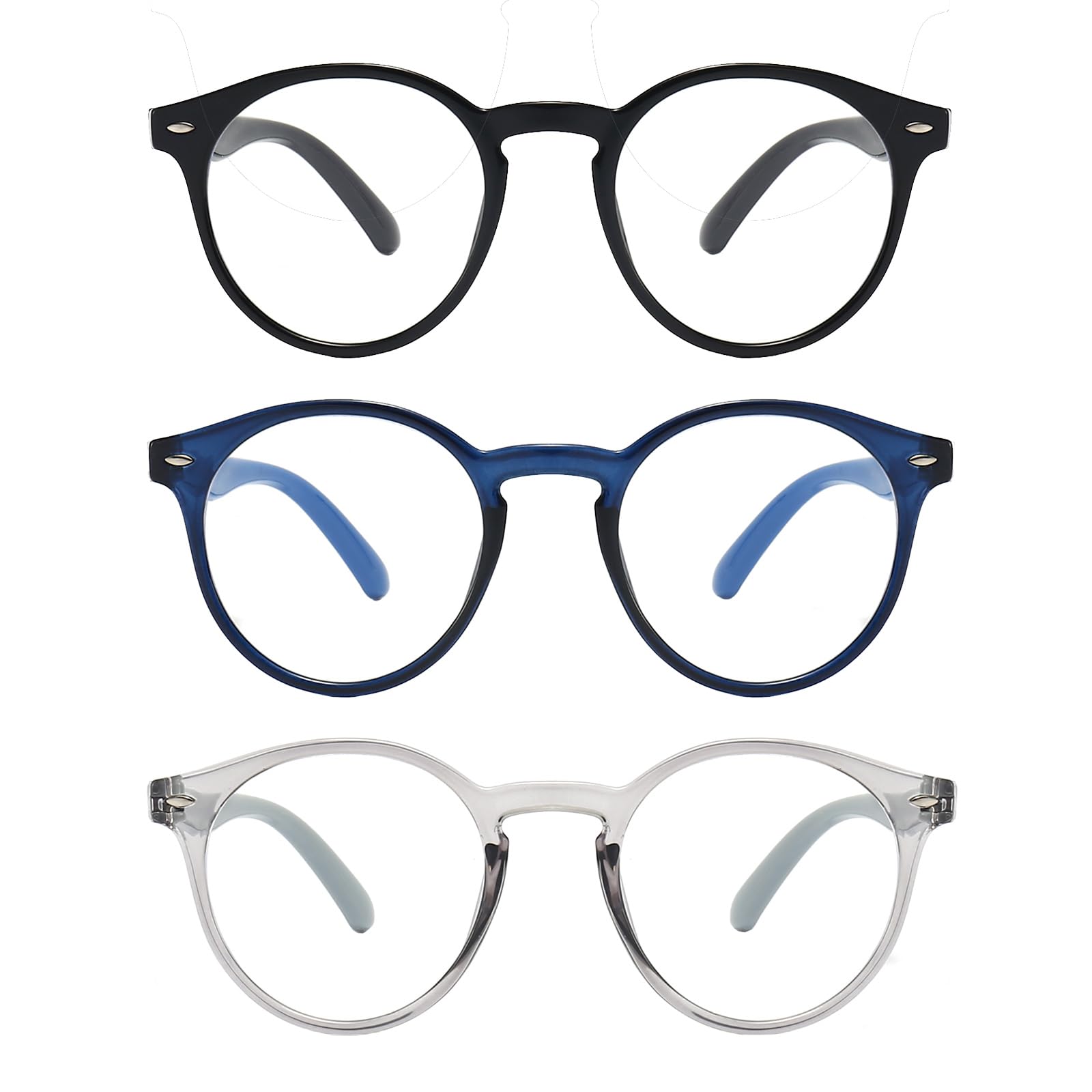 SANHOOPOLO Kids Blue Light Blocking Glasses 3 Pack Kids Computer Gaming Blue Blockers Glasses for Boys Girls Age 3-11 (Black + Dark blue + Light grey)