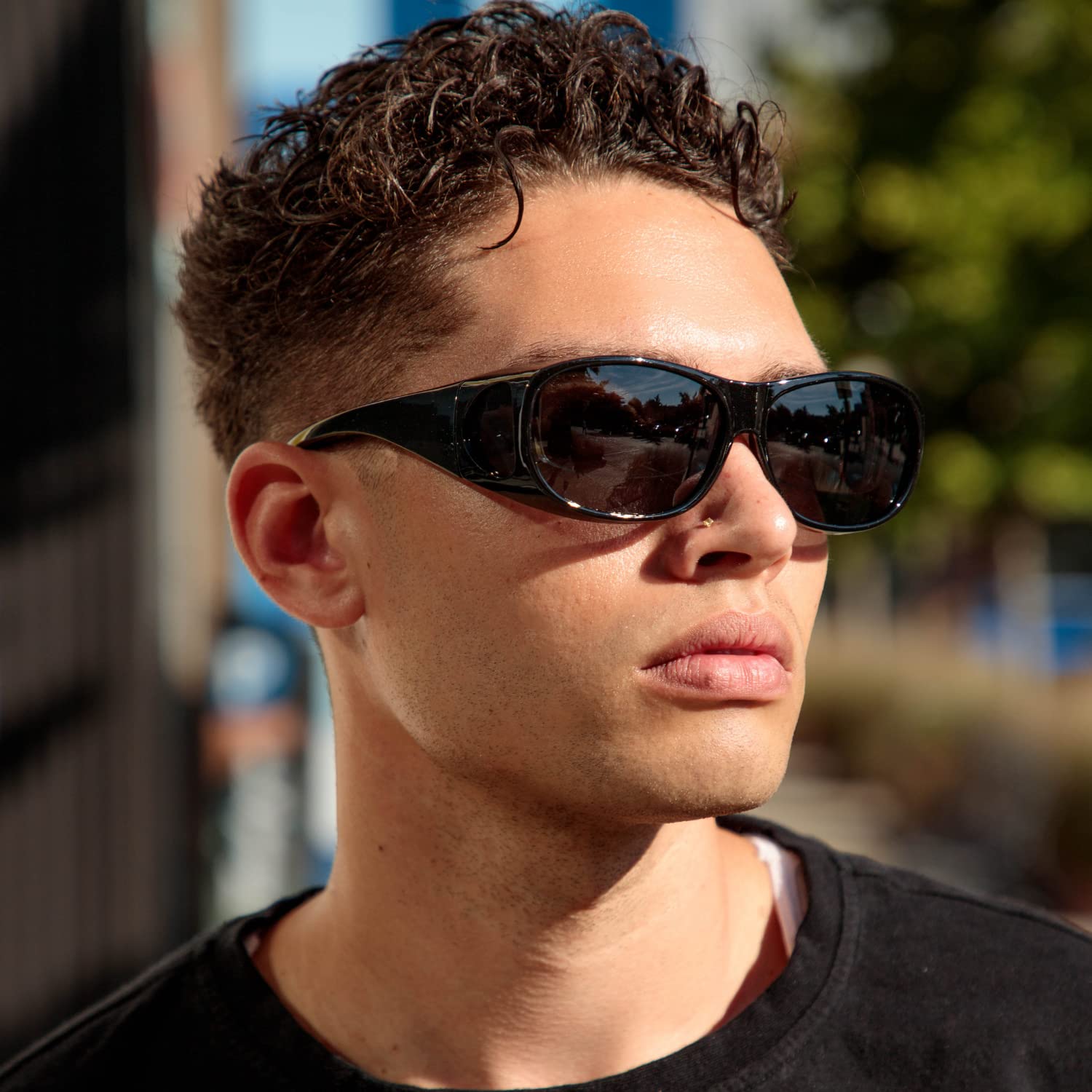 LensCovers Large Polarized Wraparound Sunglasses | Wear Over Sunglasses to Cover Eyeglasses or Prescription Glasses | Black Frame with Reflective; Fitover for Glasses Up to 5 3/4'' X 2''