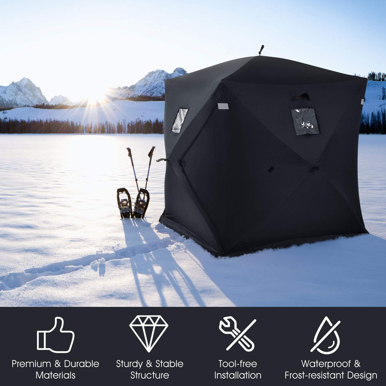 Gymax Ice Shelter, Pop-up Waterproof Fishing Tent 2-Person Portable Ice Tent with Detachable Windows, Zippered Door & Carry Bag