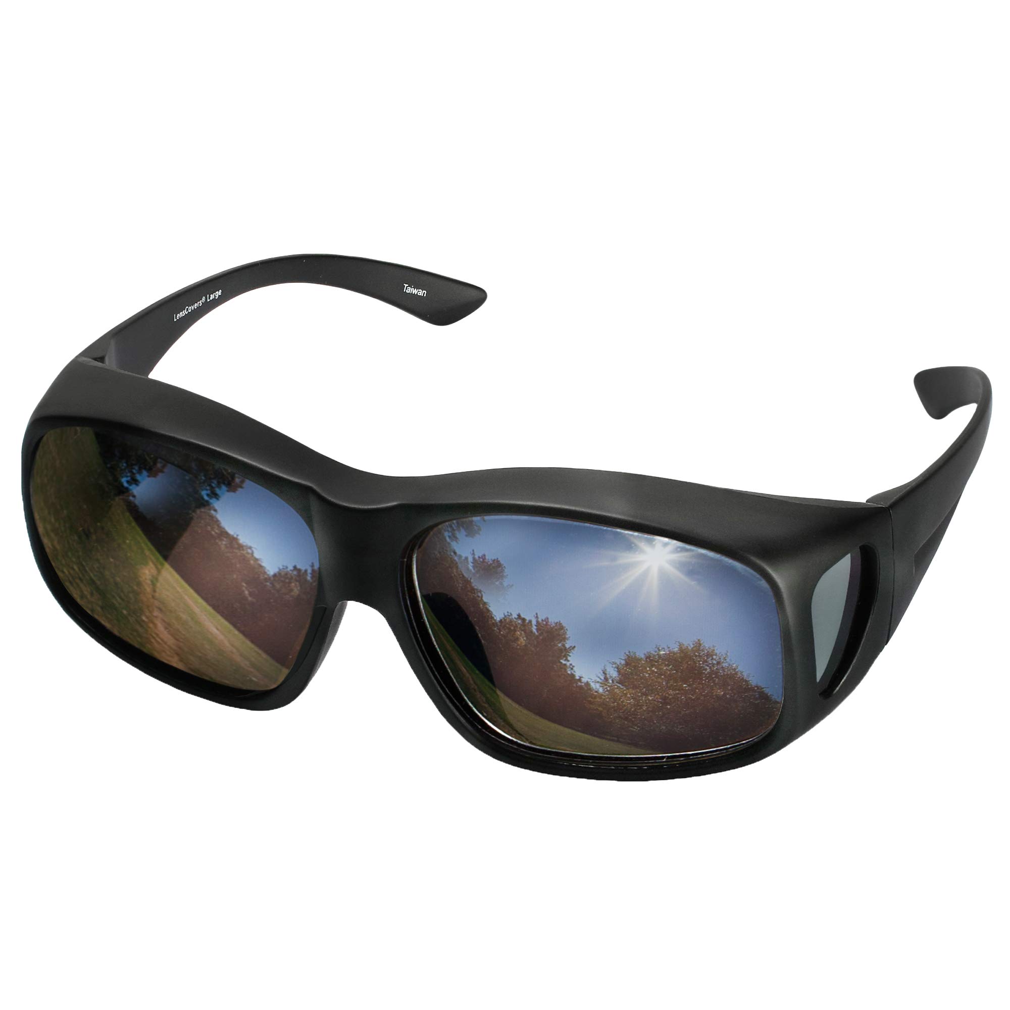 LensCovers Large Polarized Wraparound Sunglasses | Wear Over Sunglasses to Cover Eyeglasses or Prescription Glasses | Black Frame with Reflective; Fitover for Glasses Up to 5 3/4'' X 2''