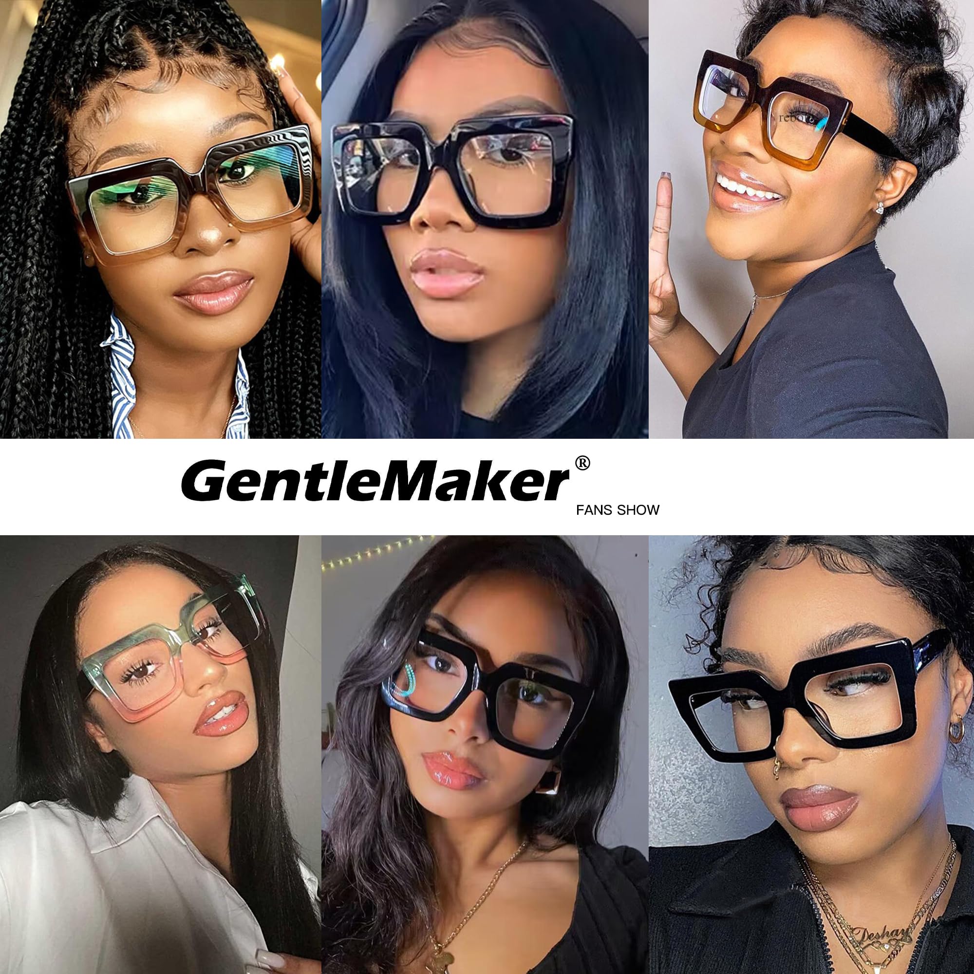 gentlemaker Oversized Blue Light Glasses for Women - Fashion Square Big Frame Non-Prescription Clear Eyewear(Black+Champagne Black)