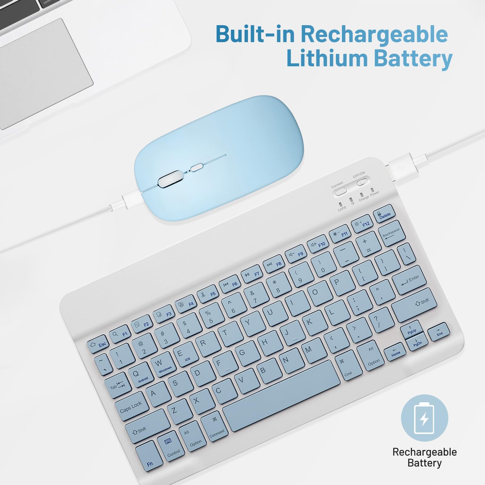 Bluetooth Keyboard and Mouse Combo Rechargeable Portable Wireless Keyboard Mouse Set for Apple iPad iPhone iOS 13 and Above Samsung Tablet Phone Smartphone Android Windows (10 inch Blue)