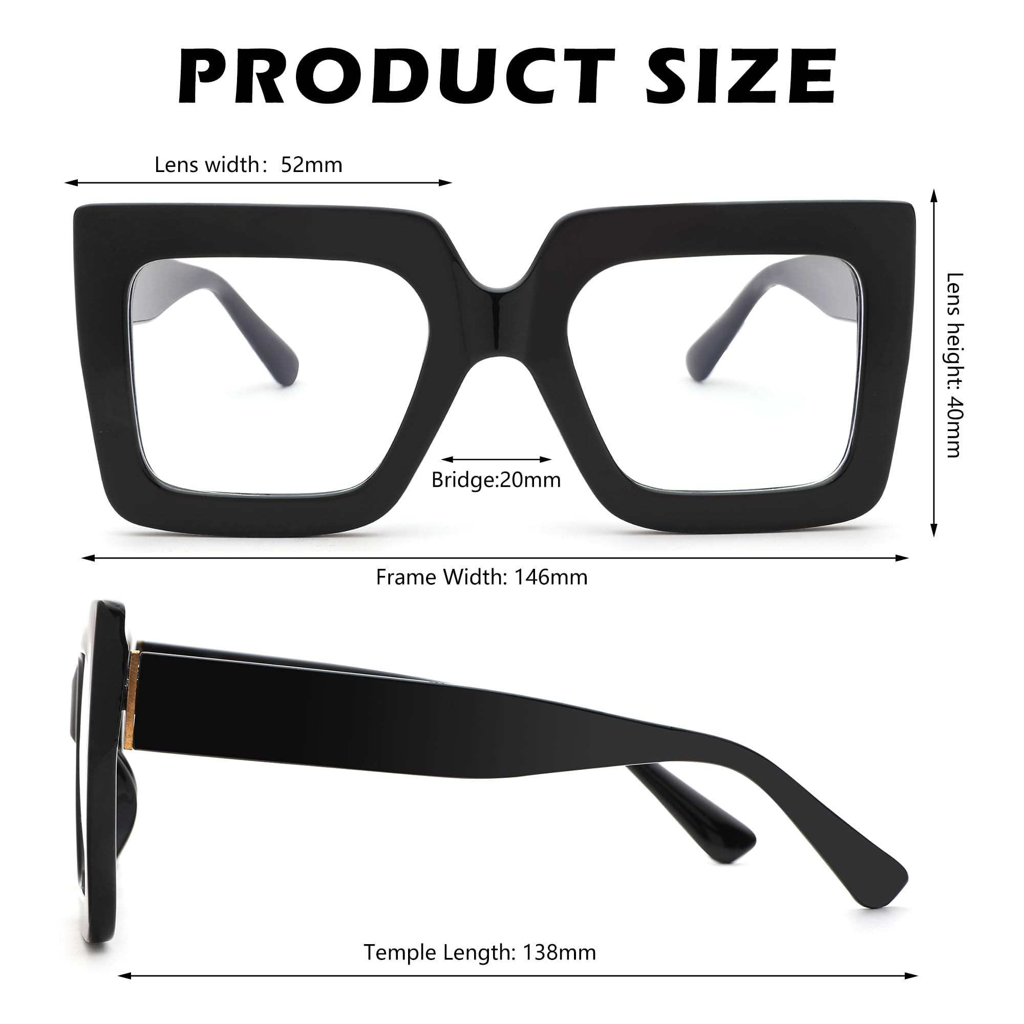 gentlemaker Oversized Blue Light Glasses for Women - Fashion Square Big Frame Non-Prescription Clear Eyewear(Black+Champagne Black)
