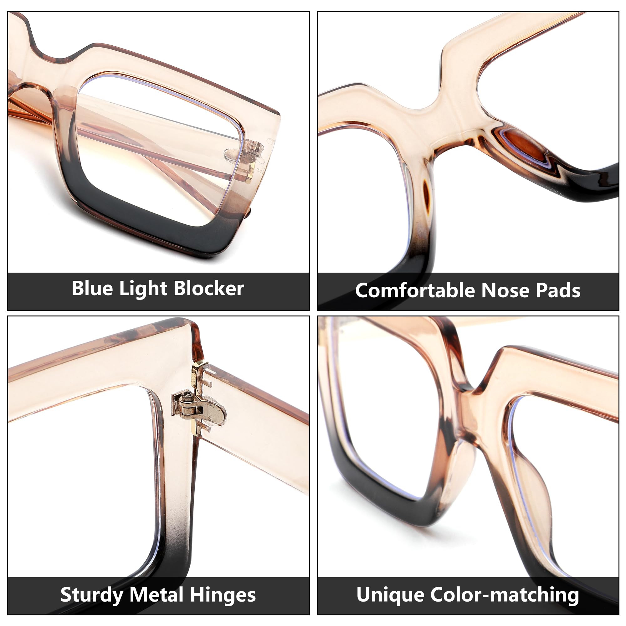gentlemaker Oversized Blue Light Glasses for Women - Fashion Square Big Frame Non-Prescription Clear Eyewear(Black+Champagne Black)