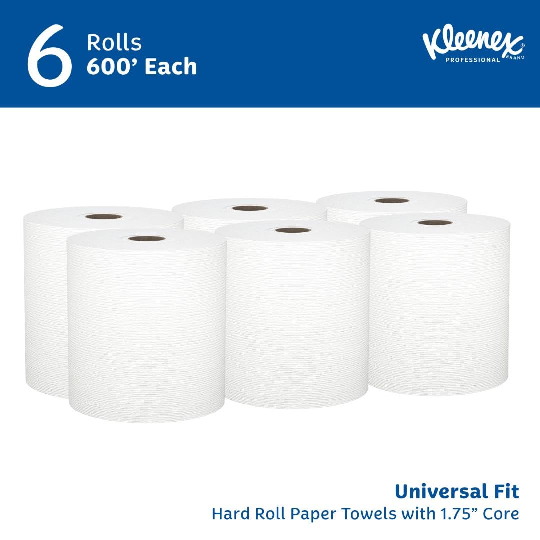 Kleenex Hard Roll Paper Towels (50606) with Premium Absorbency Pockets, 1.75" Core, White, 600'/Roll, 6 Rolls/Case, 3,600'/Case
