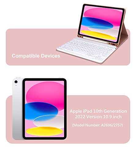 Keyboard Case for iPad 10th Generation 10.9 inch (2022) - Smart Keyboard for iPad 10th Generation, Removable Bluetooth Keyboard - Auto Sleep/Wake Up Folio Cover, Cute Case, Pink