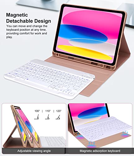 Keyboard Case for iPad 10th Generation 10.9 inch (2022) - Smart Keyboard for iPad 10th Generation, Removable Bluetooth Keyboard - Auto Sleep/Wake Up Folio Cover, Cute Case, Pink