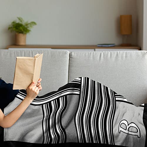Ambesonne Letter B Throw Blanket, Monochrome Style Lines and Stripes with Old Vintage Look Classic Geometry, Flannel Fleece Accent Piece Soft Couch Cover for Adults, 60" x 80", Charcoal Grey White