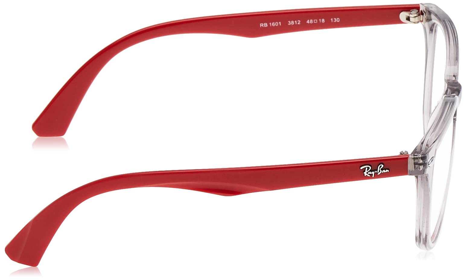 Ray-Ban Junior Kids' RY1601 Square Prescription Eyeglass Frames, Transparent Grey on Red/Demo Lens, 48 mm