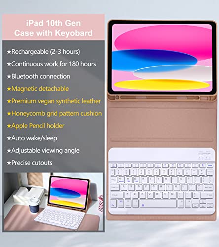 Keyboard Case for iPad 10th Generation 10.9 inch (2022) - Smart Keyboard for iPad 10th Generation, Removable Bluetooth Keyboard - Auto Sleep/Wake Up Folio Cover, Cute Case, Pink