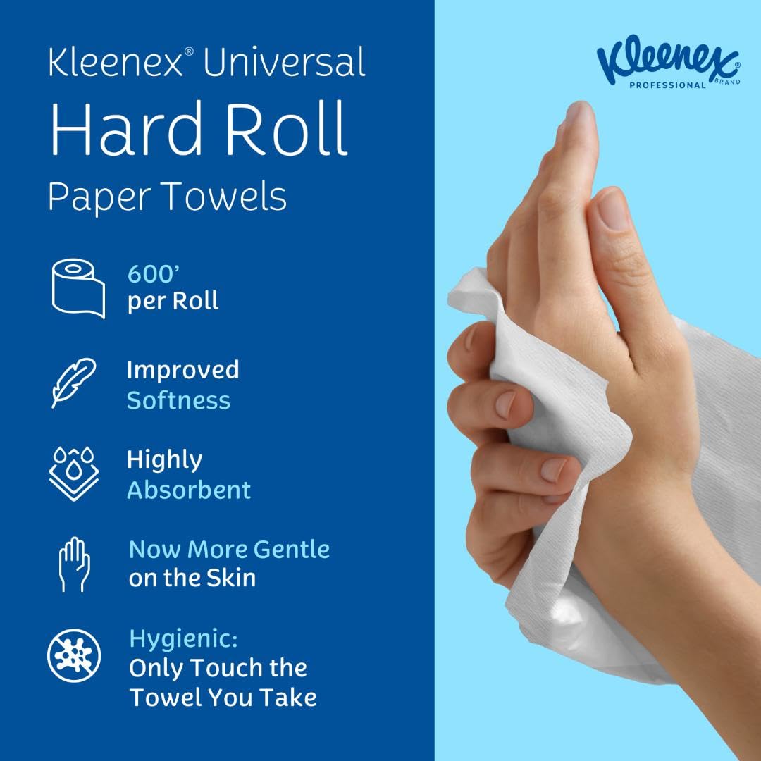Kleenex Hard Roll Paper Towels (50606) with Premium Absorbency Pockets, 1.75" Core, White, 600'/Roll, 6 Rolls/Case, 3,600'/Case