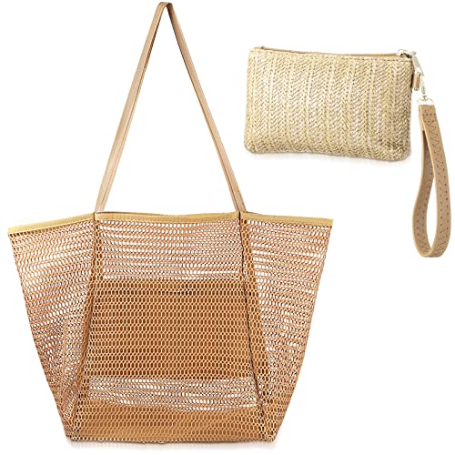Mesh Beach Tote Bohemian Summer Shoulder Handbag and Zipper Wristlet Woven Straw Clutch Bag Beach Straw Purse for Women Girls