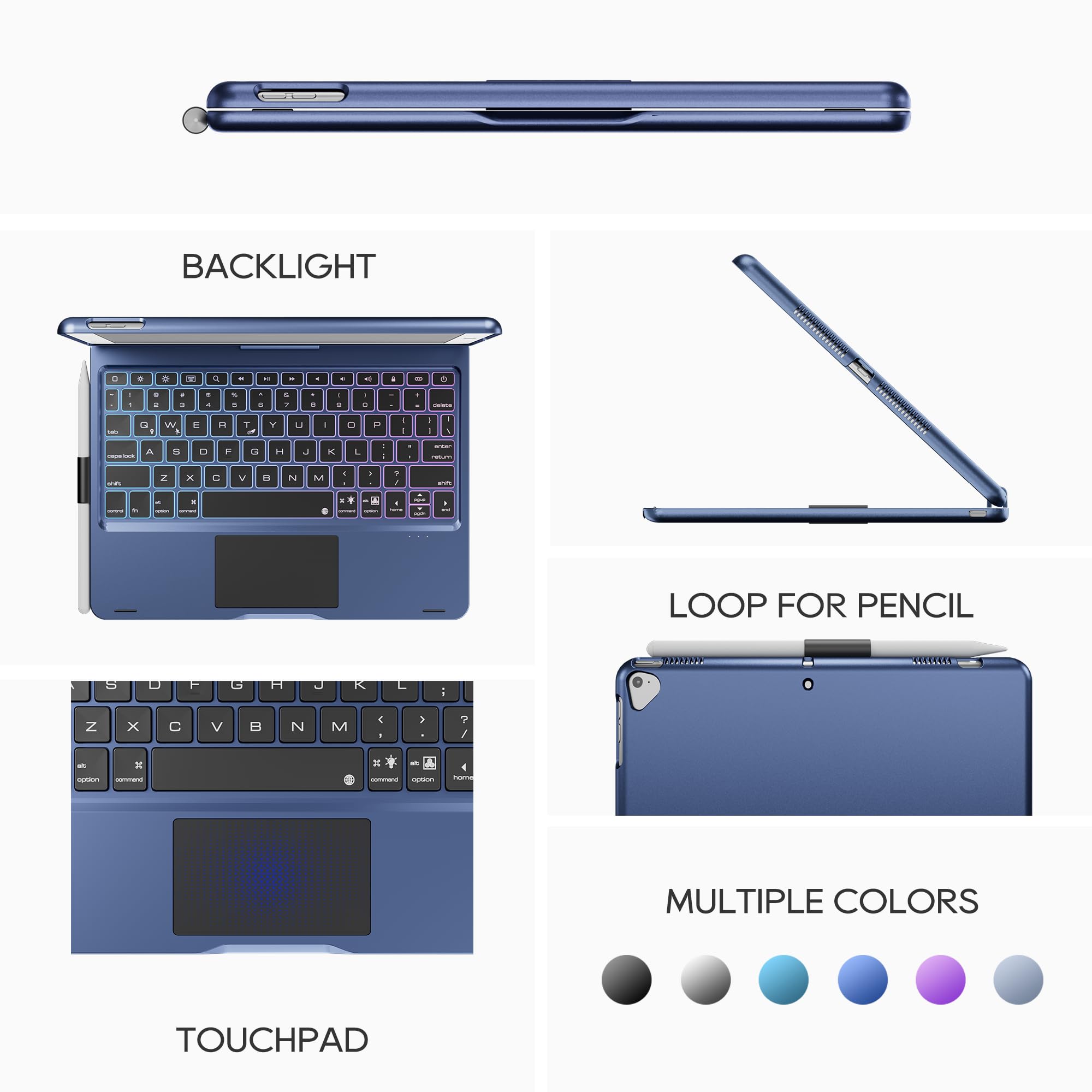edaiser Swivel Keyboard Case for iPad 10.2 inch 9th 8th 7th, iPad Air 3rd and iPad Pro 10.5 2nd Generation: Wireless Rotatable Cover, Pencil Holder, Smart Trackpad, RGB Backlit, Metallic Blue