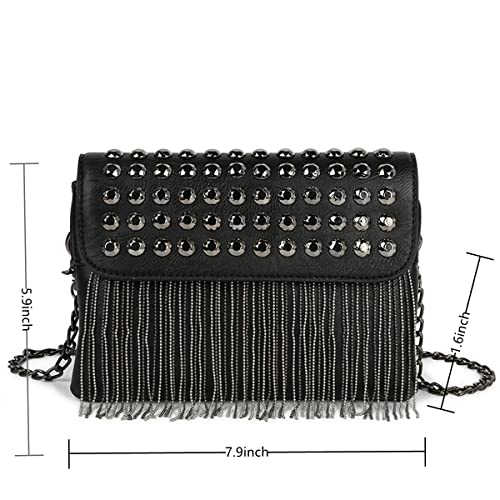 WIGUYUN Faux Leather Fringed Shoulder Handbag Rivets Flap Cross-body Bag Chain Hobo Purse Black