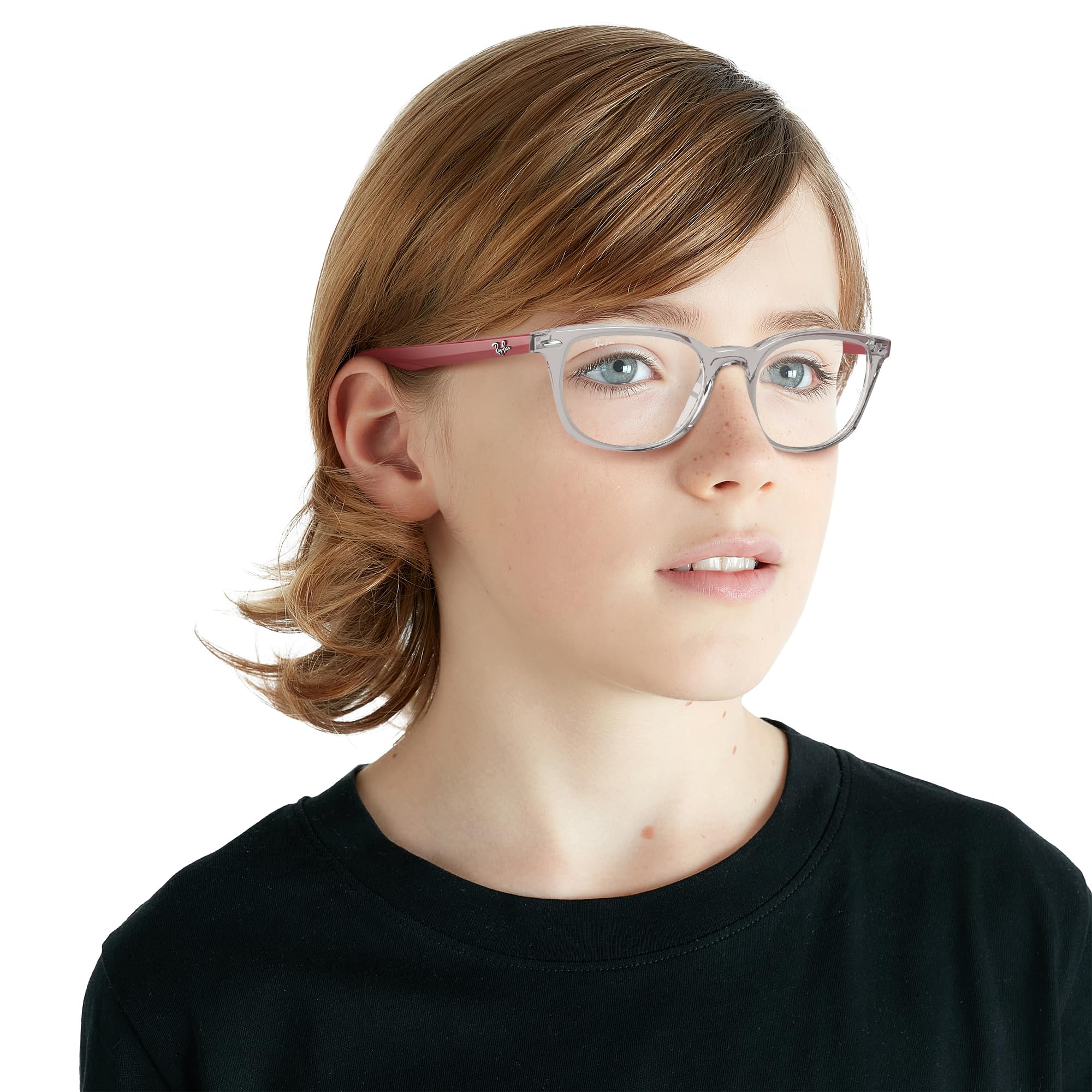 Ray-Ban Junior Kids' RY1601 Square Prescription Eyeglass Frames, Transparent Grey on Red/Demo Lens, 48 mm
