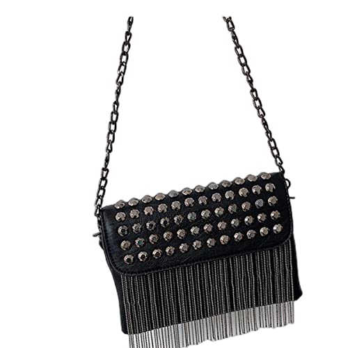 WIGUYUN Faux Leather Fringed Shoulder Handbag Rivets Flap Cross-body Bag Chain Hobo Purse Black
